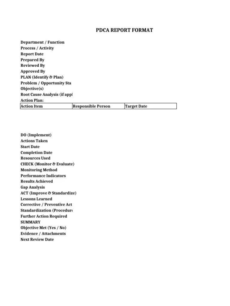 Pdca Report Format Template Pdf