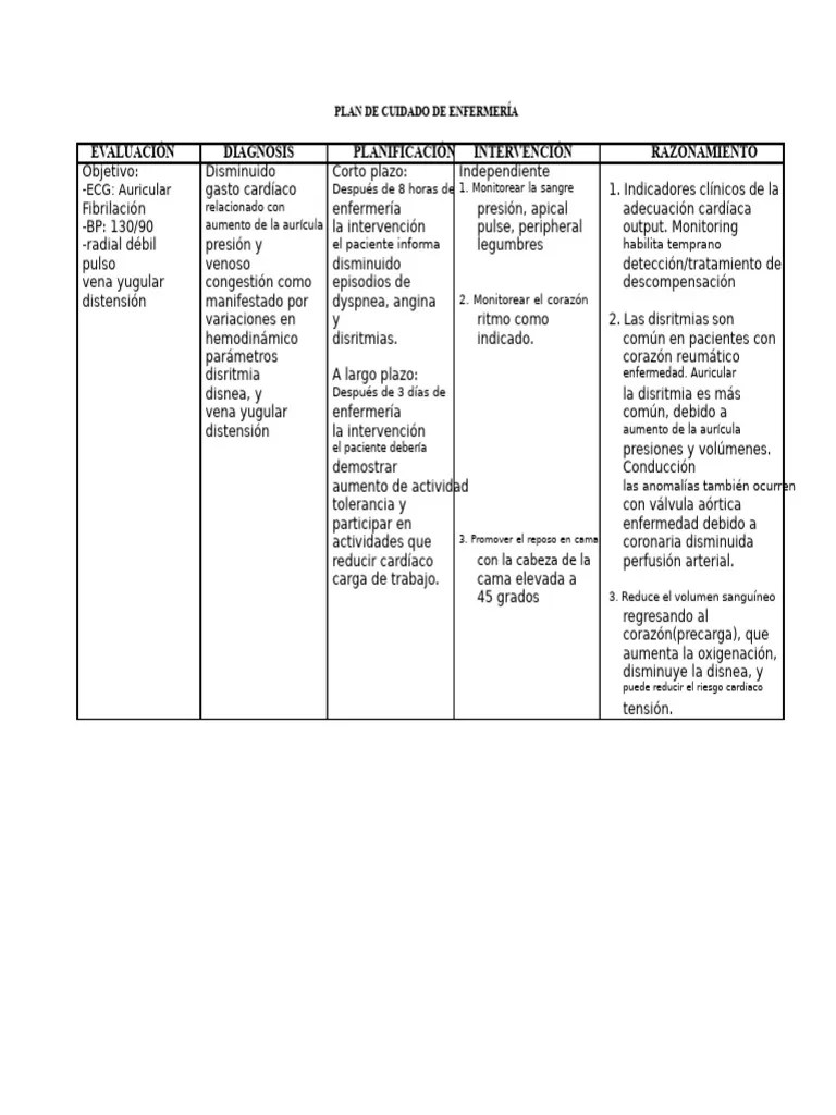 Plan De Cuidado De Enfermería Pdf Corazón Dolor
