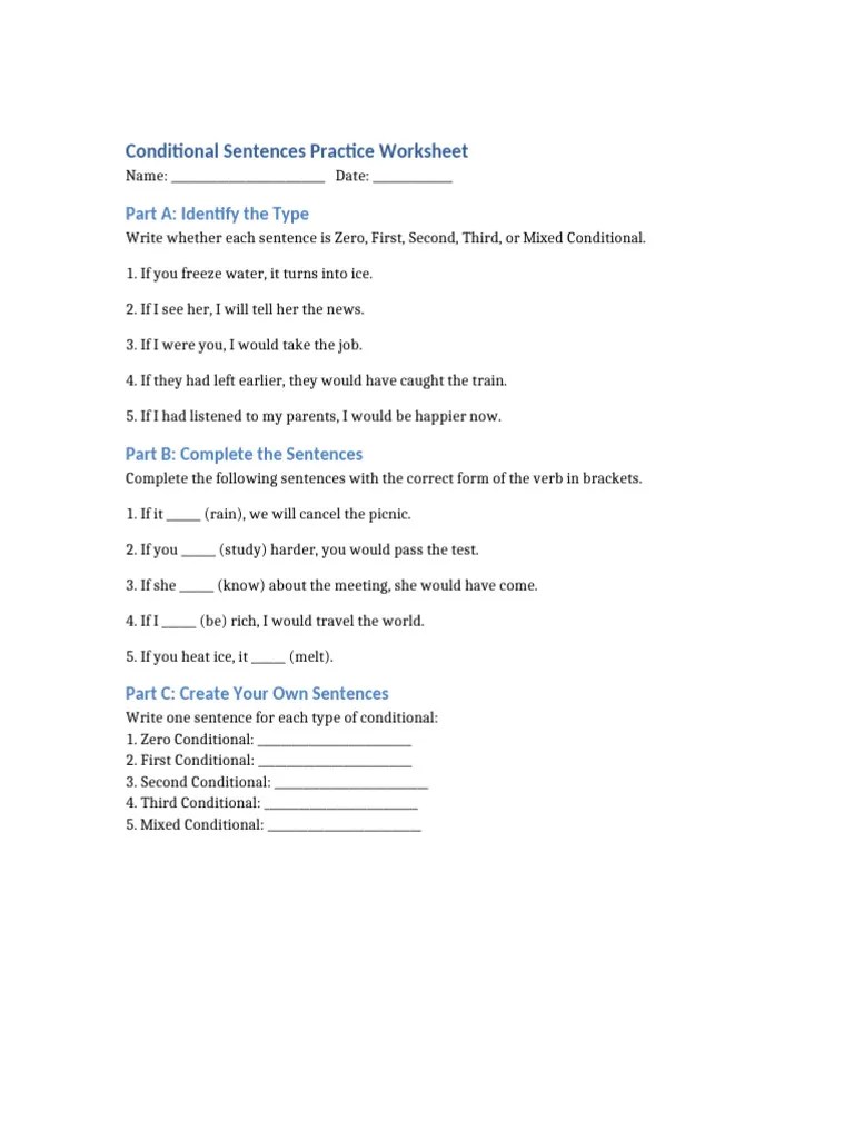 Conditional Sentences Practice Worksheet Pdf