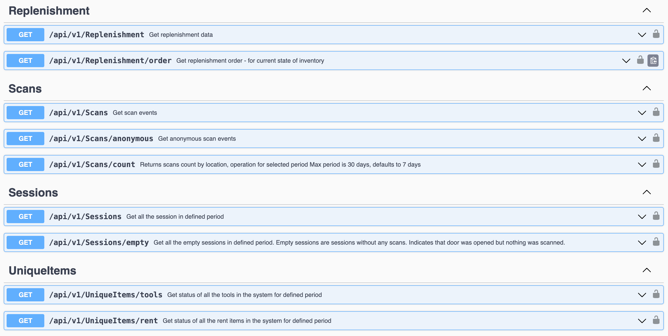 API documentation for Replenishment, Scans, Sessions, and UniqueItems endpoints, detailing GET operations with descriptions and parameters.