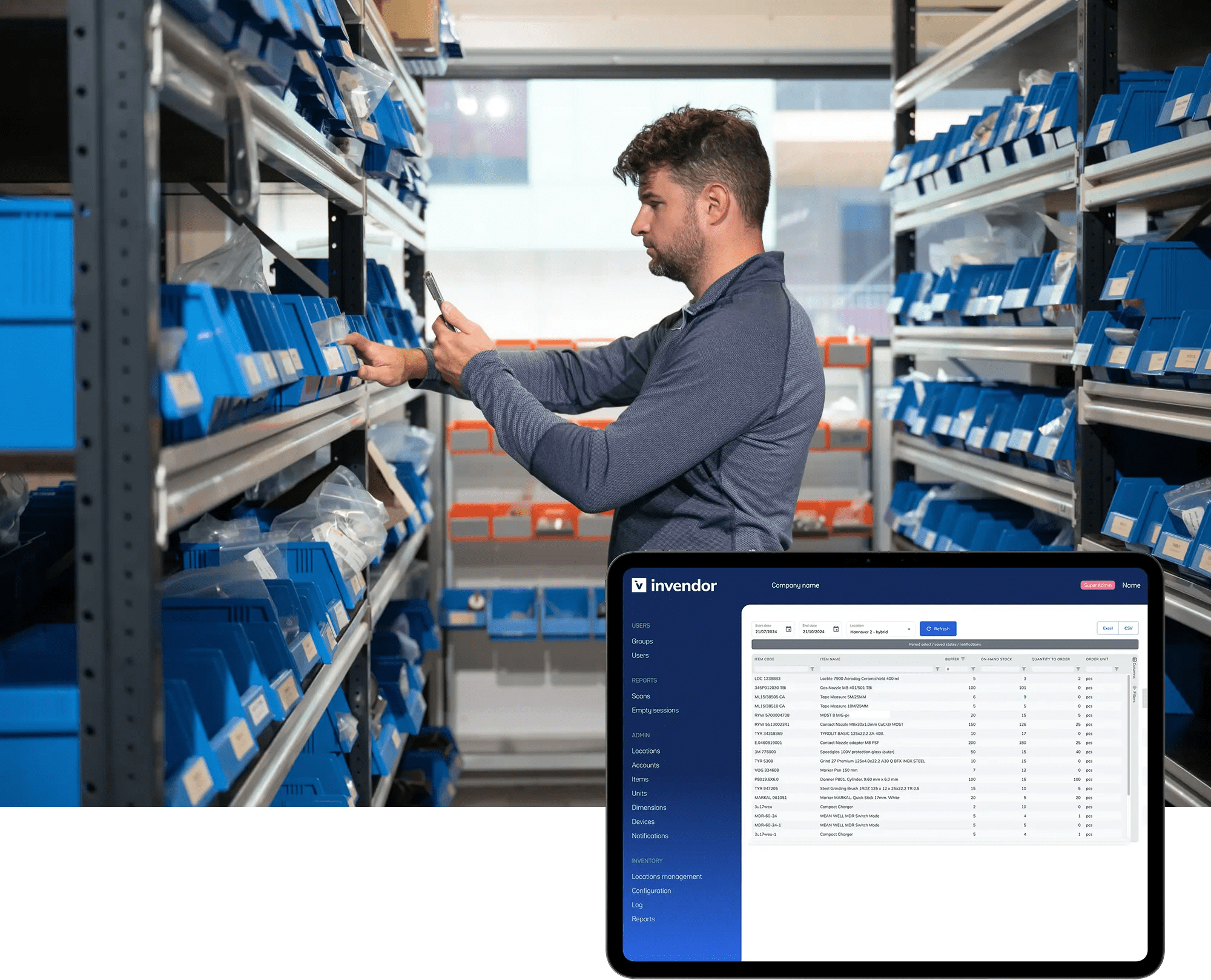 Man is holding an item in one hand and scanning it with smartphone, in front is display of a tablet featuring items that have been scanned.