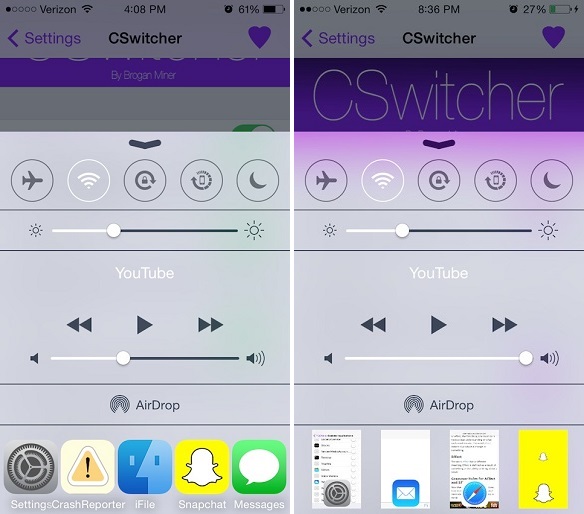 CSwitcher tweak adds iOS app switcher to the Control Center - iOS Hacker