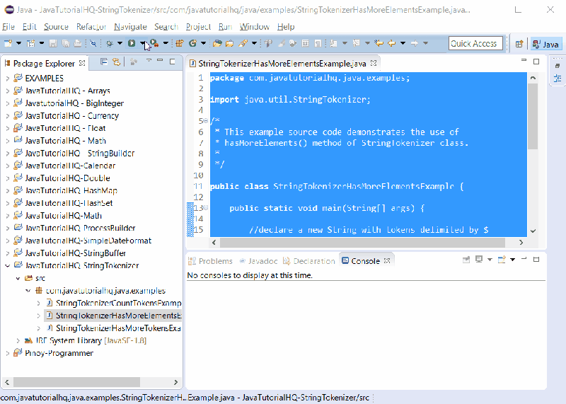 Java StringTokenizer hasMoreElements() method example