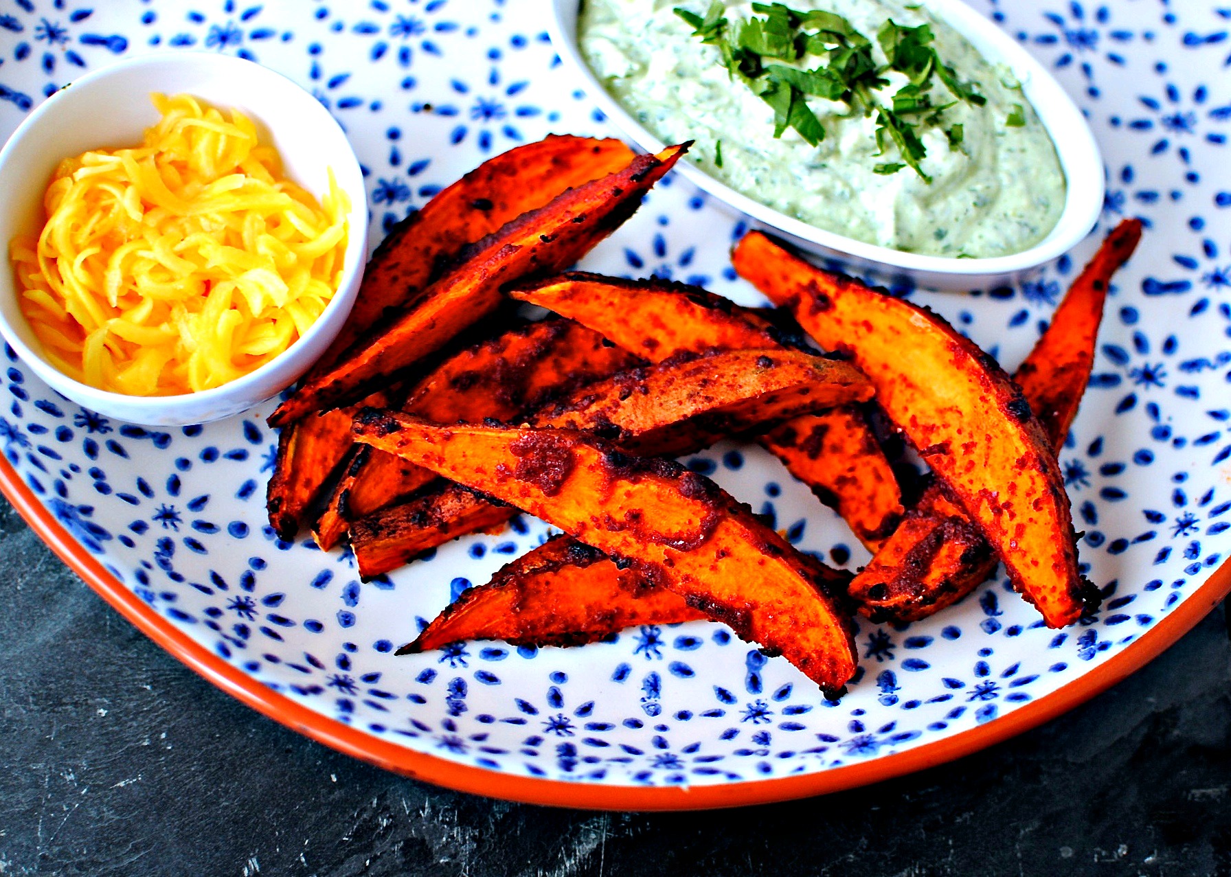 korean-sweet-potato-wedges-with-quick-pickled-mango-avocado-lime-dip