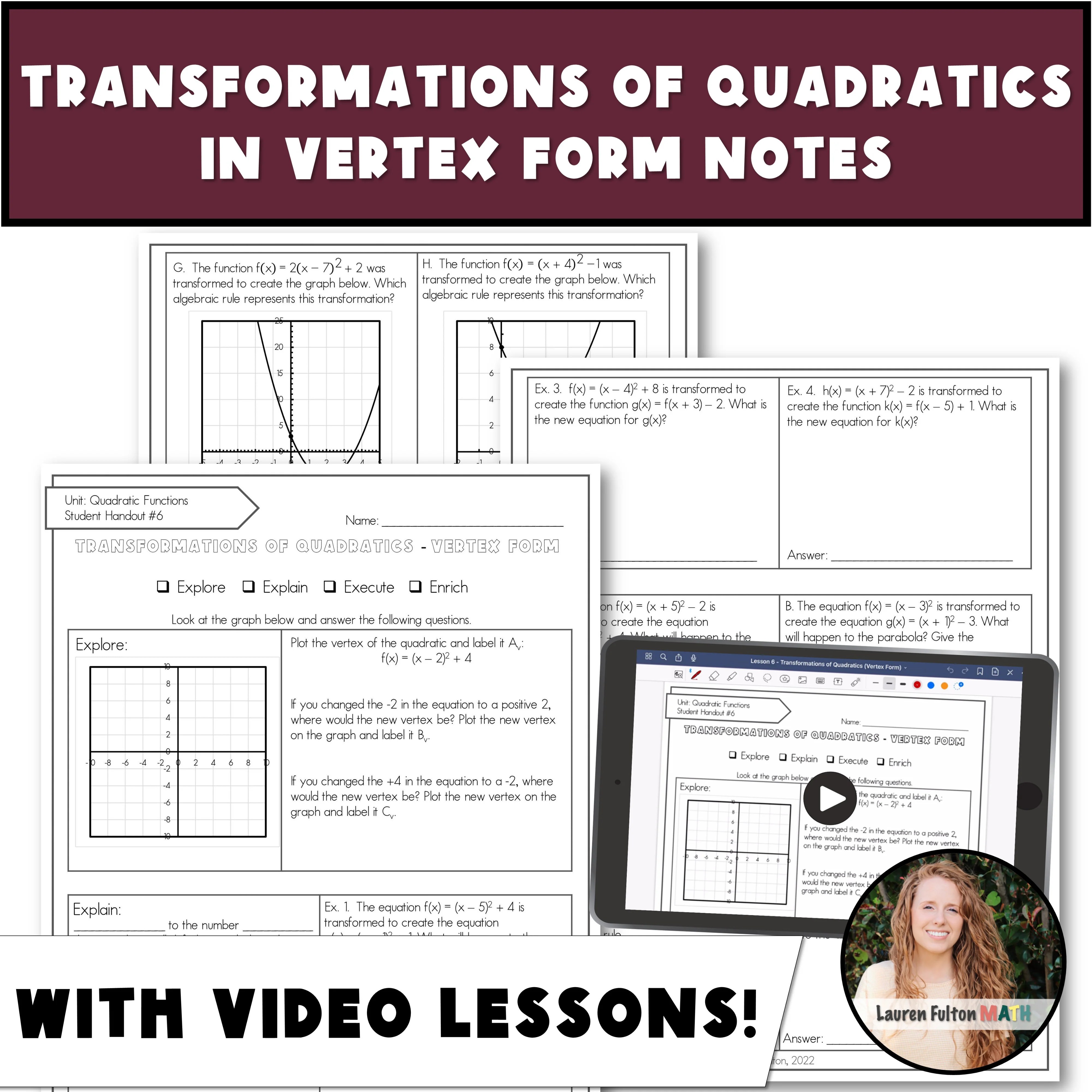Transformations Of Quadratic Functions In Vertex Form Notes Lauren