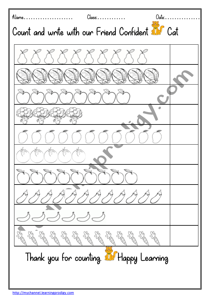 Free Printable Counting Worksheet(1-10) | Fruits-Vegetables Counting ...