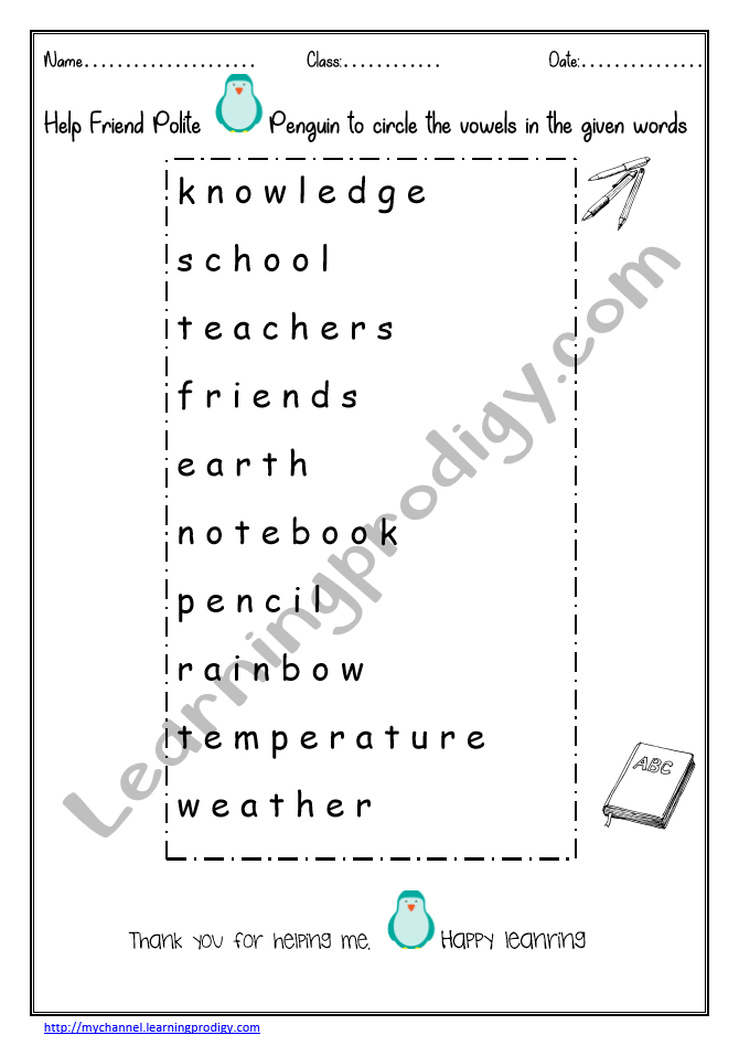 Circle the Vowels|English ESL Worksheet for Kindergarten Kids - LearningProdigy - English ...