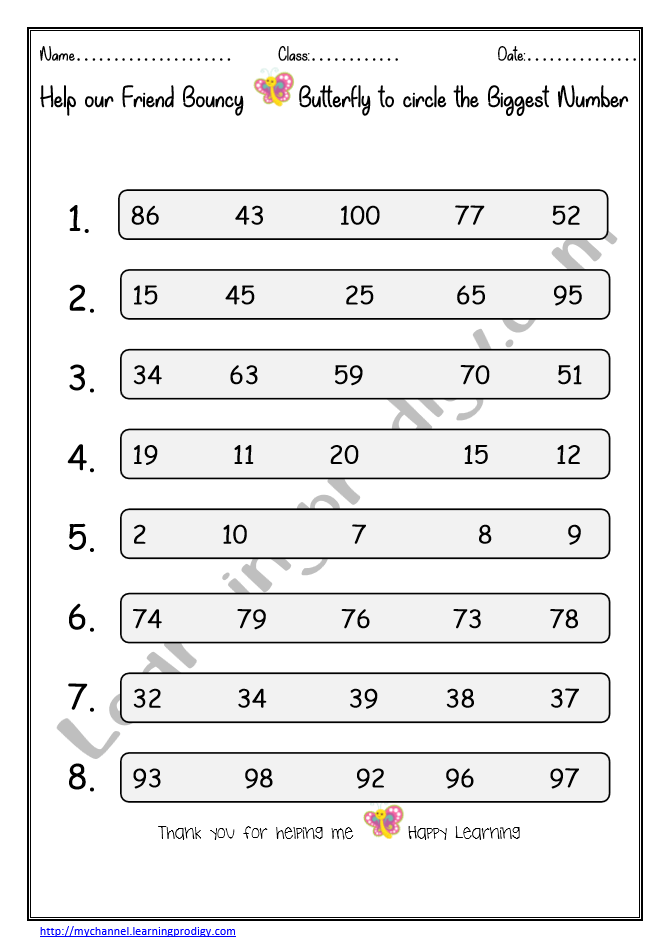 Printable Math Worksheet-Circle the Biggest Number - LearningProdigy ...