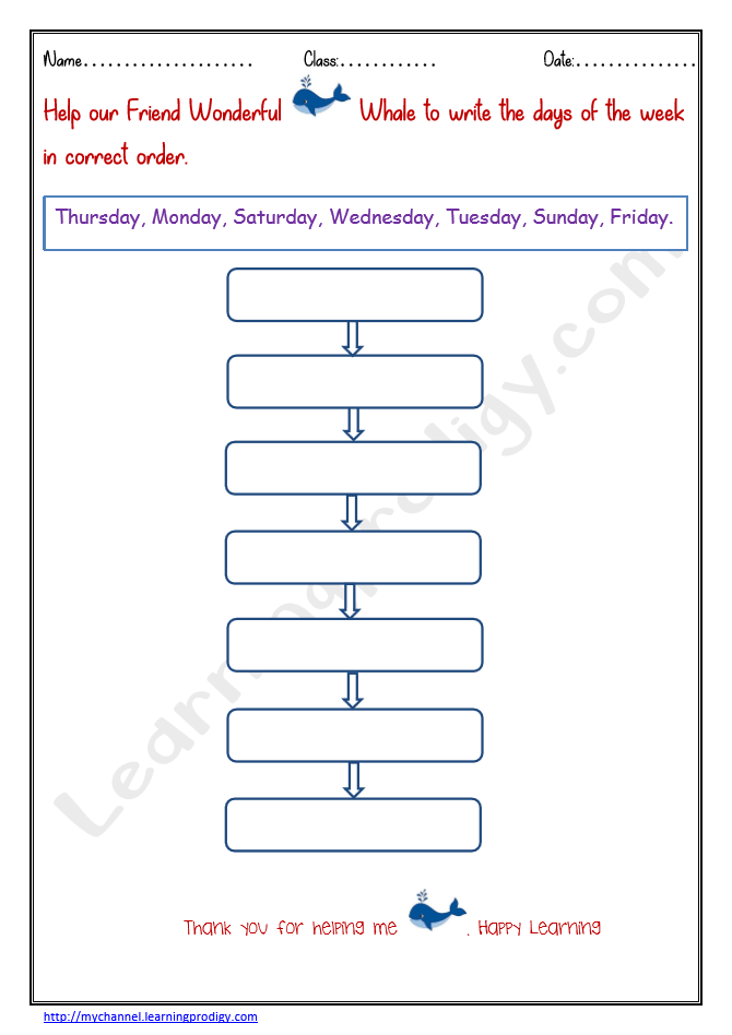 Week Order Worksheet | Logical Reasoning Worksheet for Kindergarten Kids - LearningProdigy ...
