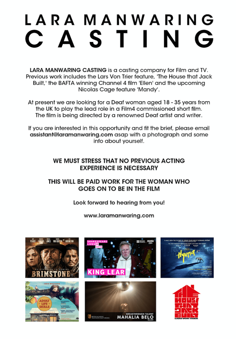 Opportunity: Female part for Deaf woman in exciting Film4 short – no ...