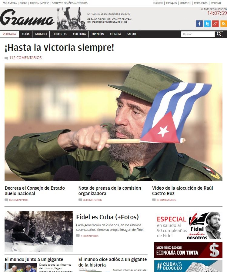 Granma dedica toda su edición a Fidel Castro