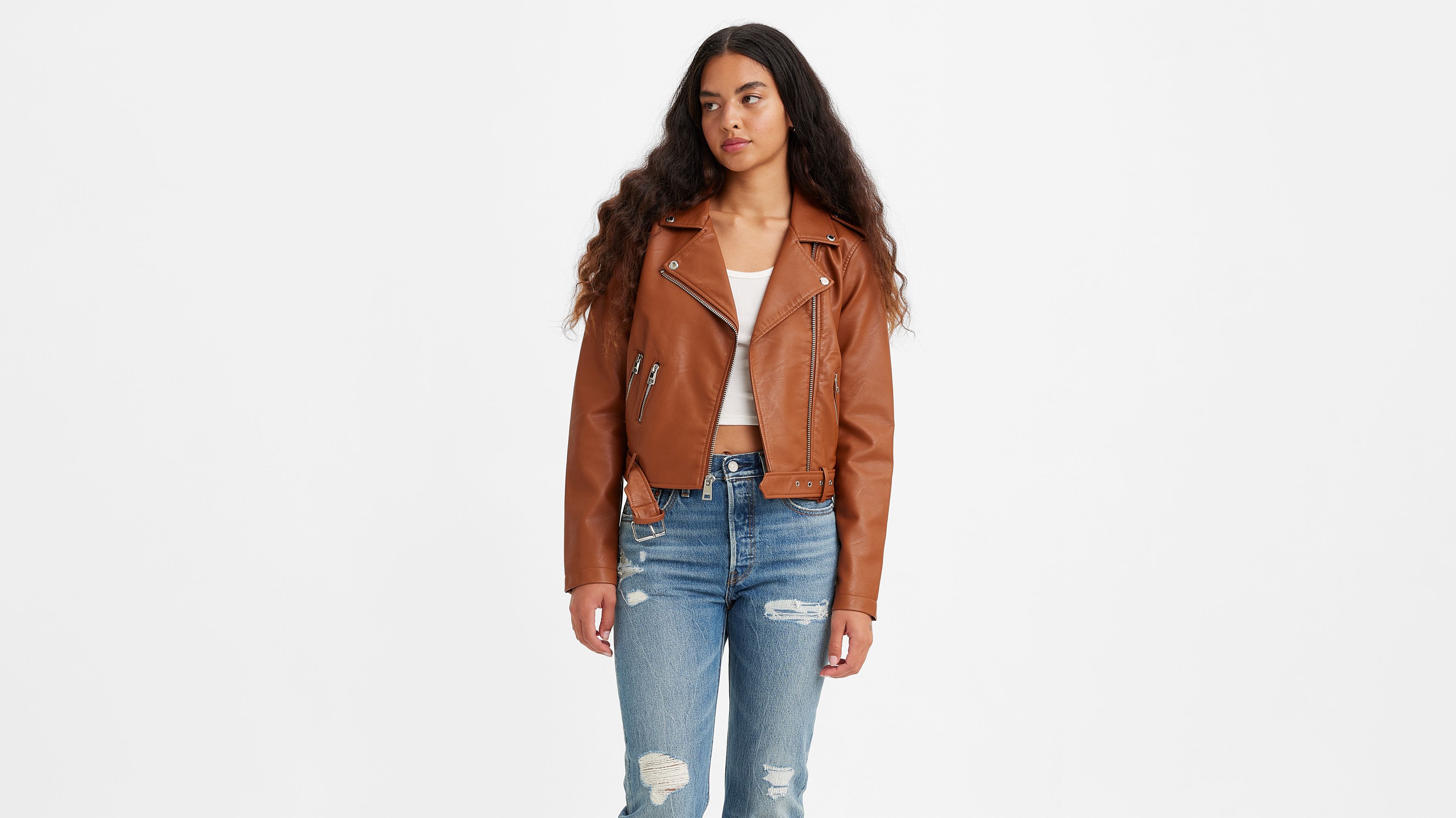 Belted Faux Leather Moto Jacket Brown Levi S Us