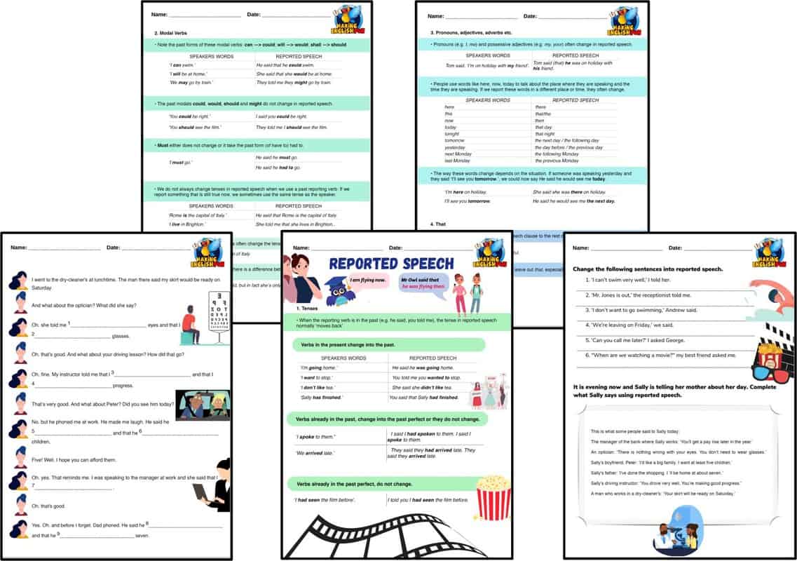 Reported Speech Worksheets and Mini Workbook.Making English Fun