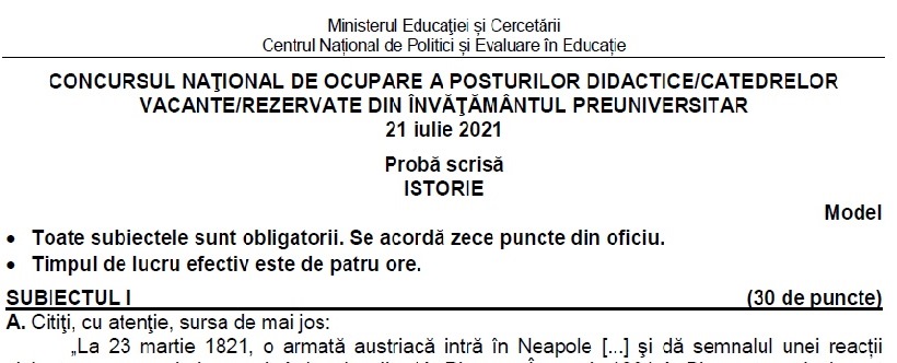 Titularizare Istorie 2021 – subiectul model – sursa: edu.ro – Materiale ...