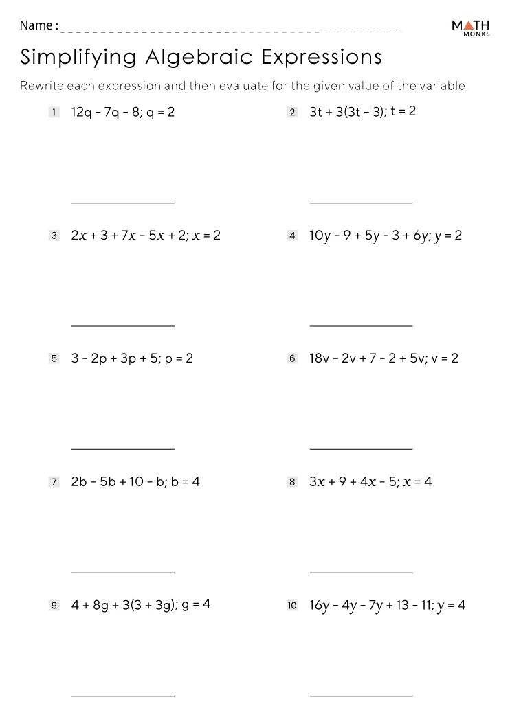 Simplifying Expressions Worksheets - Math Monks