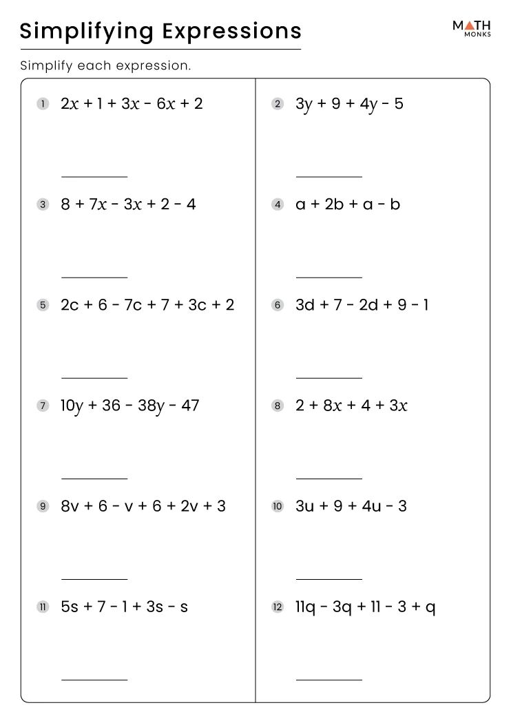 Simplifying Expressions Worksheets - Math Monks