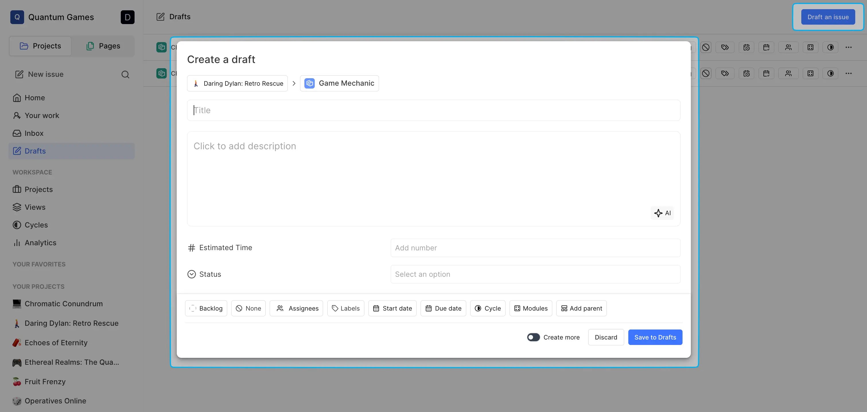Save Draft Work Items Plane