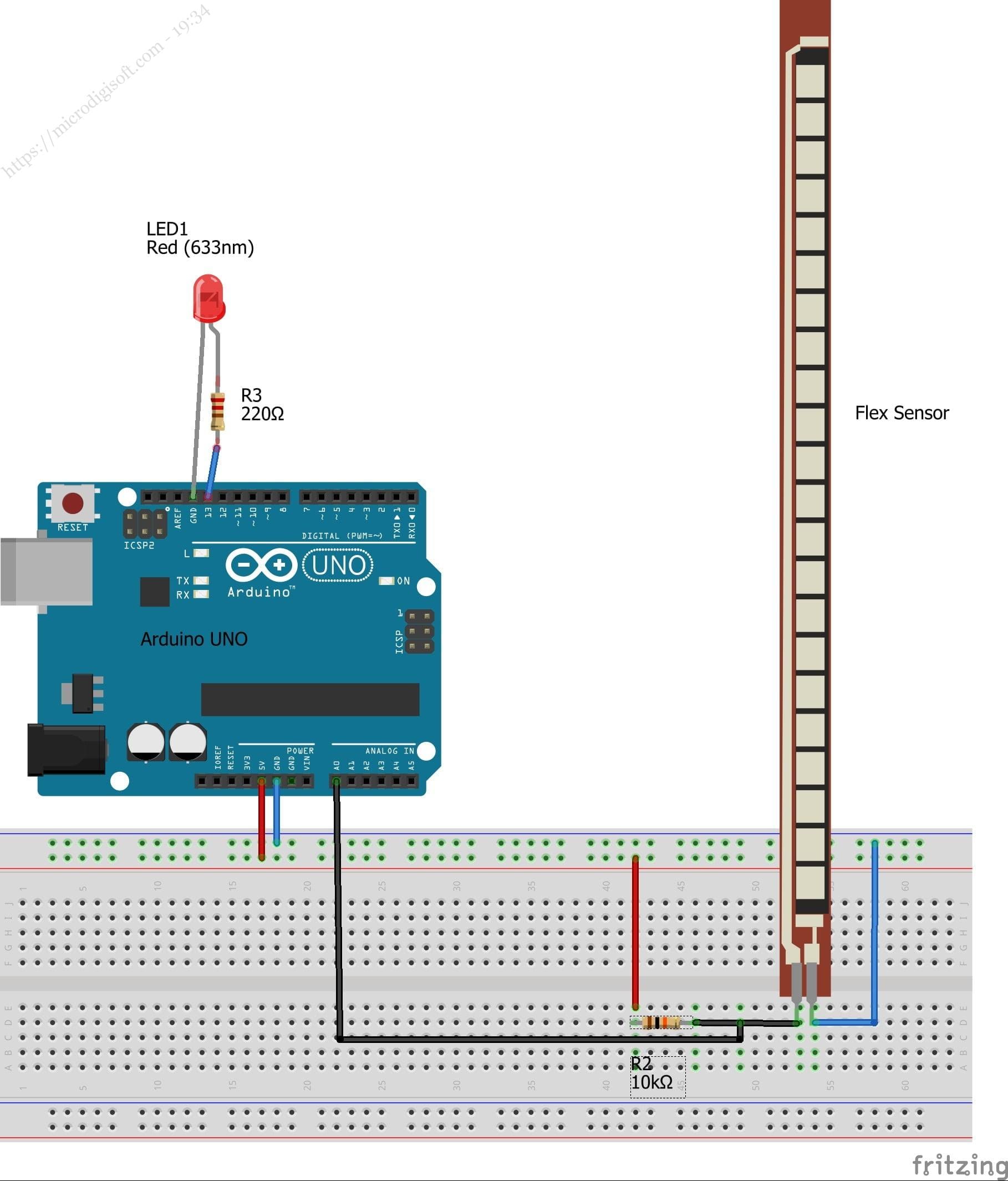 microdigisoft.com | Interfacing of Flex Sensor with Arduino UNO