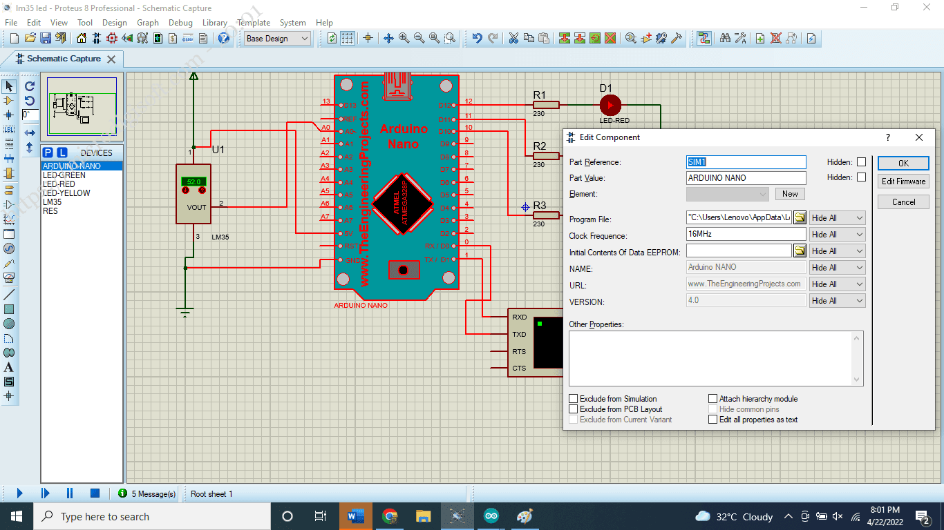 Temperature indicator with LM35 Sensor in Proteus | microdigisoft.com