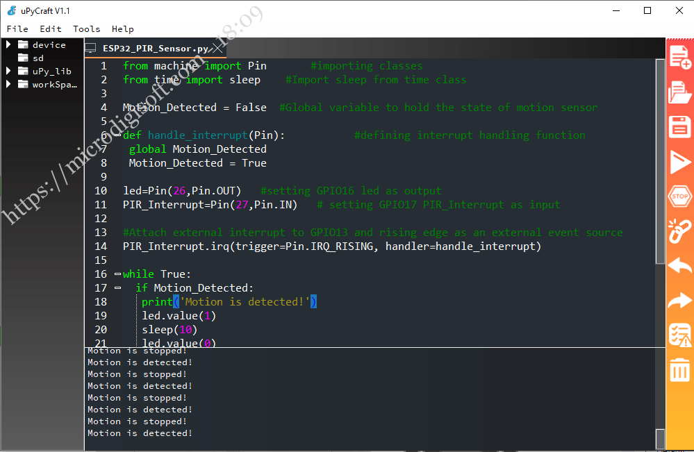 MicroPython: PIR Sensor using Interrupts with ESP32-ESP8266 | microdigisoft.com