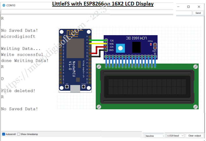 microdigisoft.com | LittleFS with ESP8266 to Read, Write and Delete Data on 16X2 LCD Display