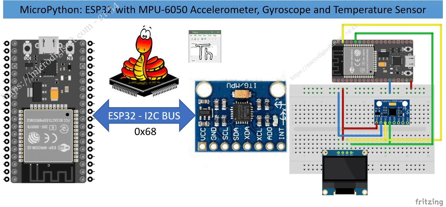 microdigisoft.com | MicroPython: ESP32 with MPU-6050 Accelerometer, Gyroscope and Temperature Sensor