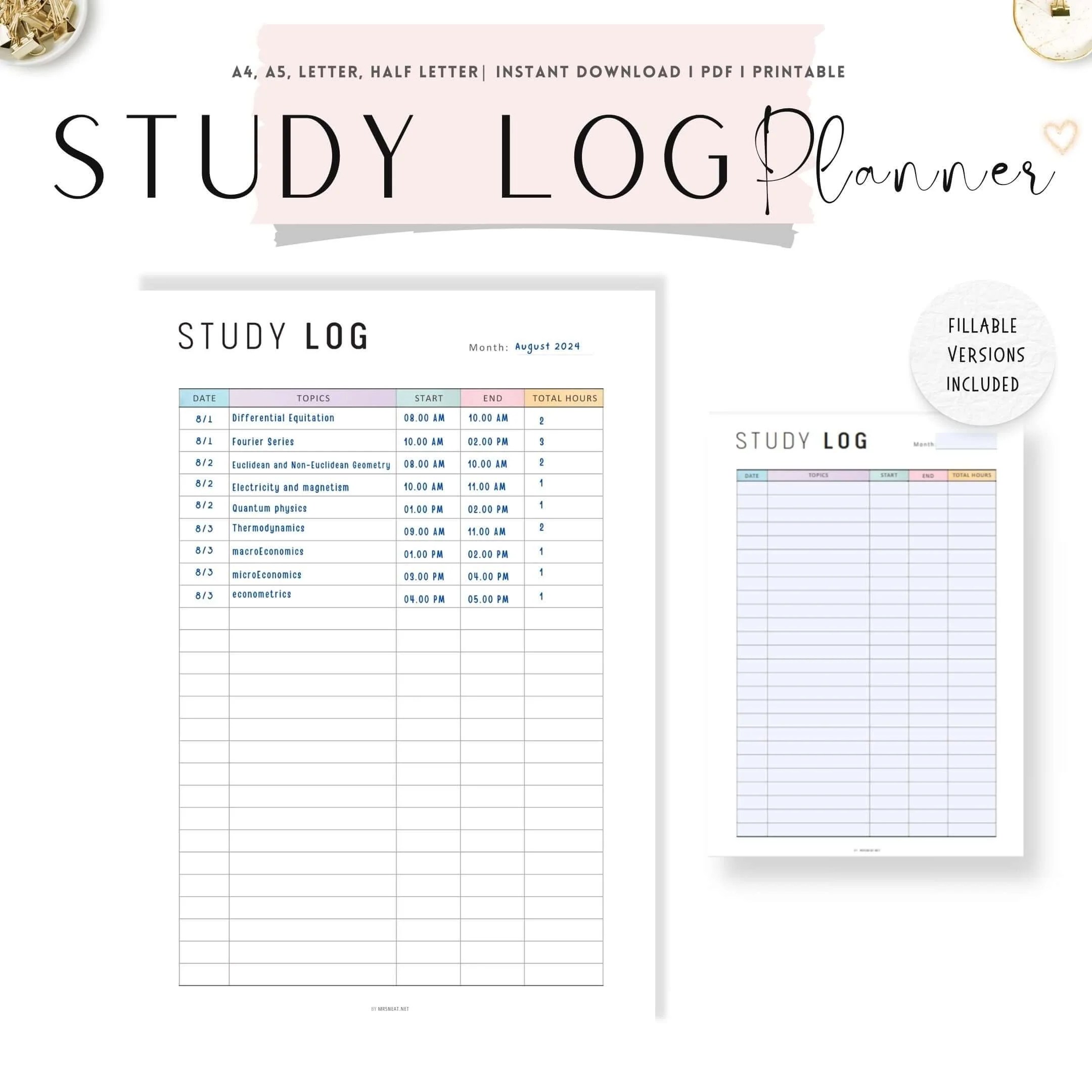 Monthly Study Log Planner Printable Mrsneat