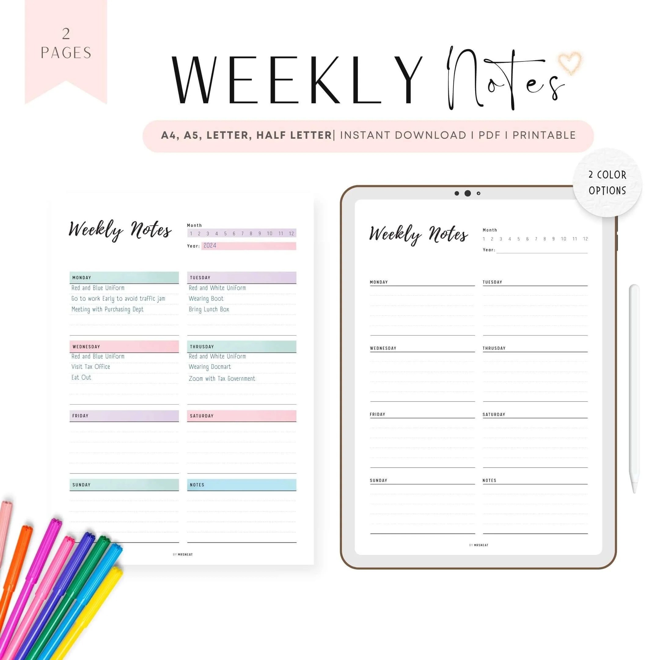 Weekly Notes Template Printable Mrsneat
