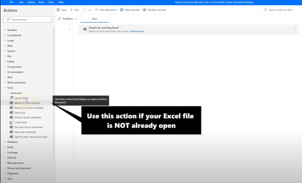 How to loop through each row in an Excel file in Microsoft Power Automate for Desktop