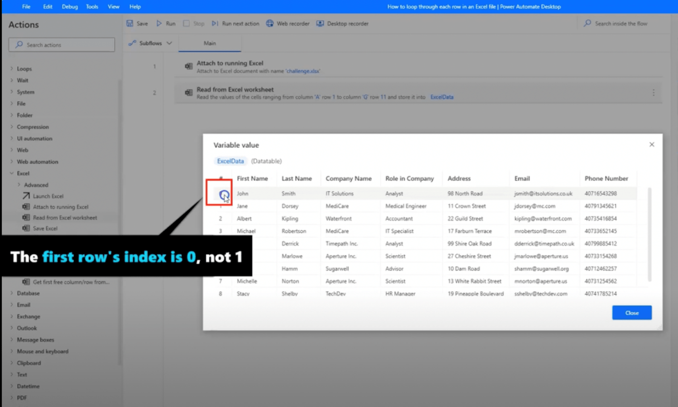 How to loop through each row in an Excel file in Microsoft Power Automate for Desktop