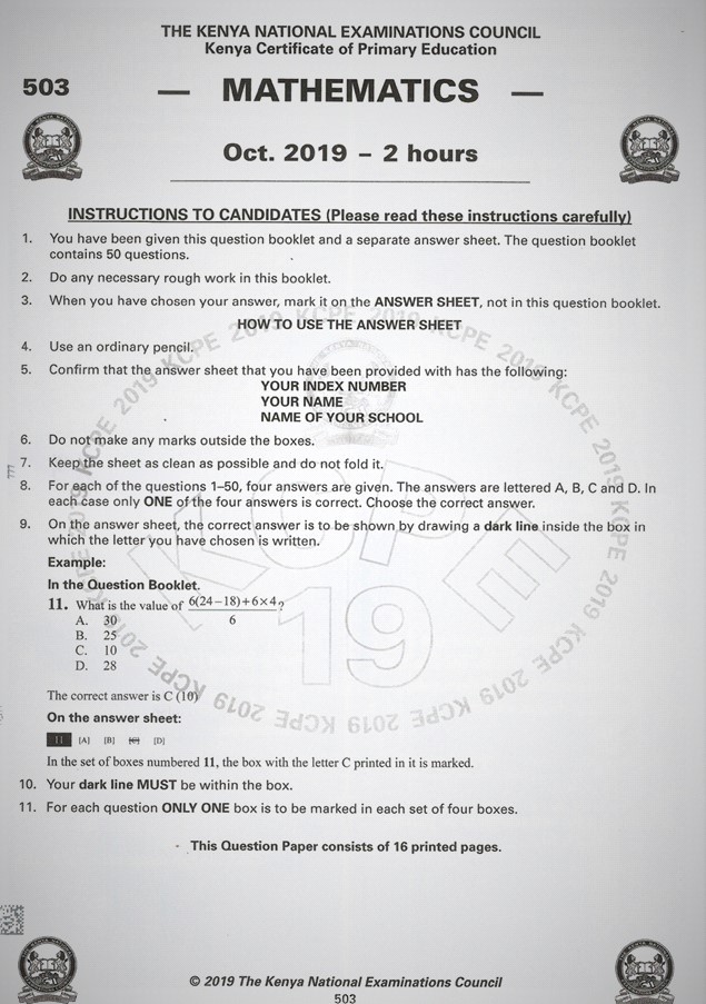 2019 Kcpe Knec Mathematics Questions With Marking Scheme Past Paper