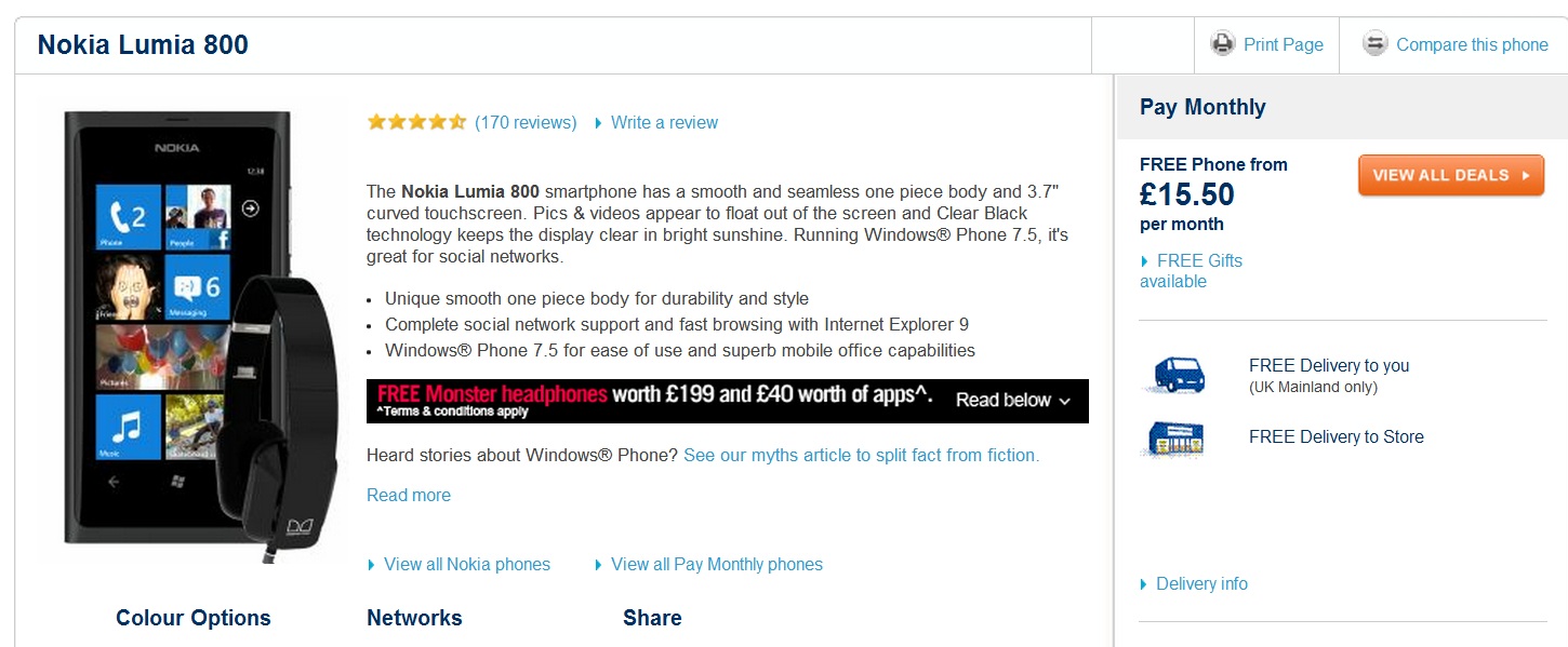 Last day deal: Nokia Lumia 800, Â£15.50 on contract with free Monster ...