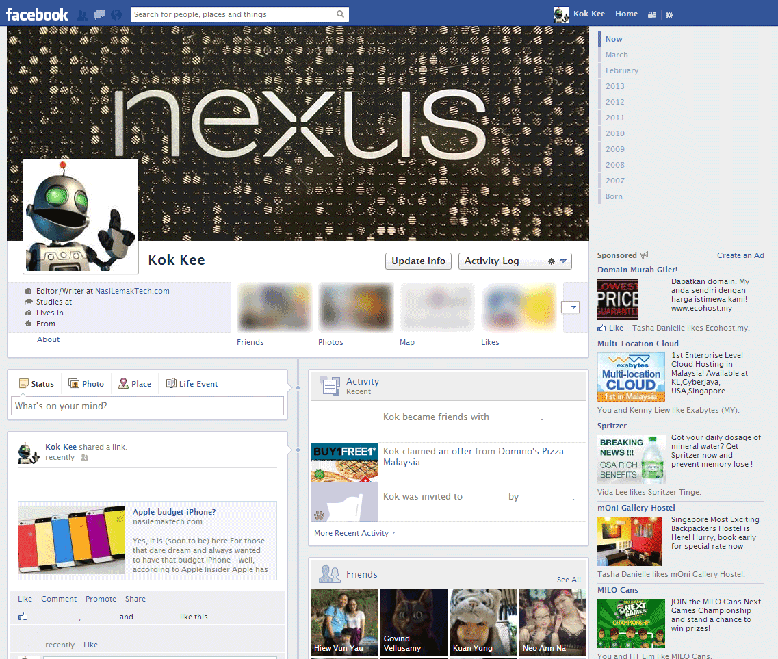 Facebook’s interface for new profile page | Nasi Lemak Tech