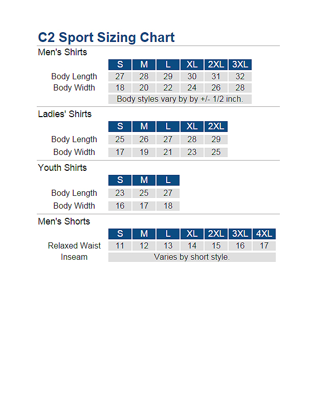 C2 Sport Sizing Chart - ODOT Apparel