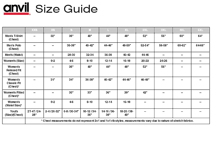 Anvil Sizing Chart - ODOT Apparel