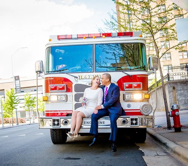You'll love this sweet little fire truck courthouse wedding