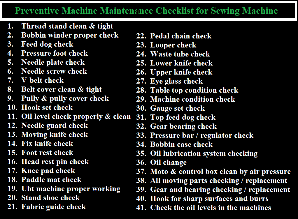 Preventive Machine Maintenance Checklist for Sewing Machine - ORDNUR