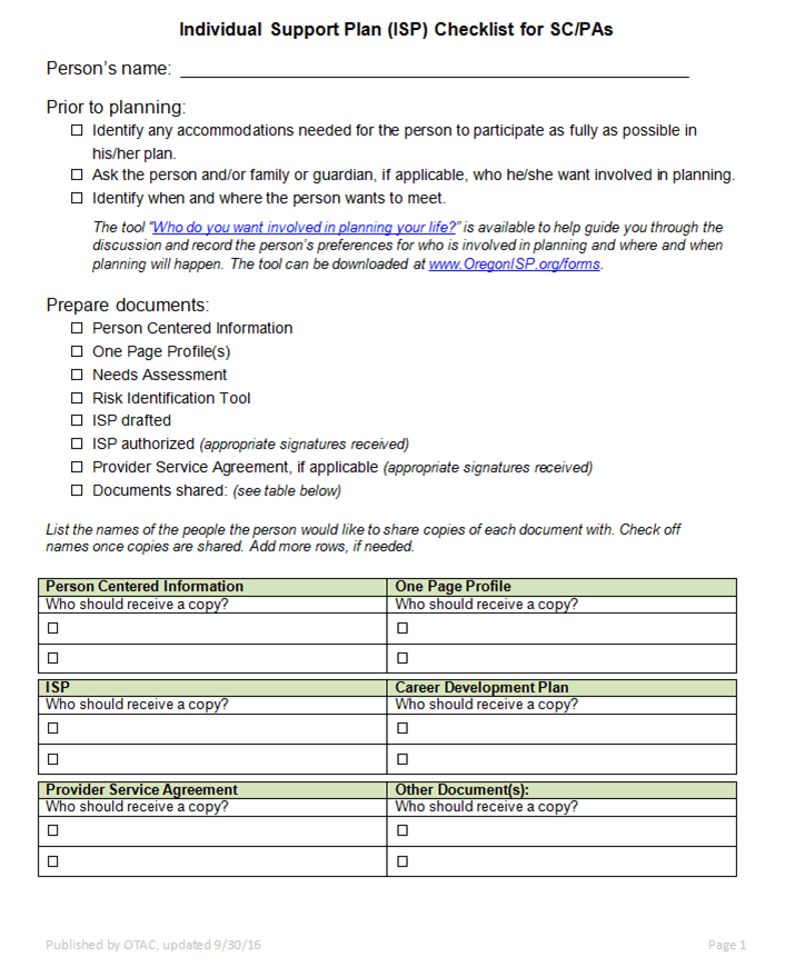 ISP Checklist for SC/PAs – Oregon ISP