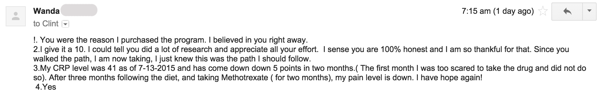 Success-Wanda | The Paddison Program for Rheumatoid Arthritis