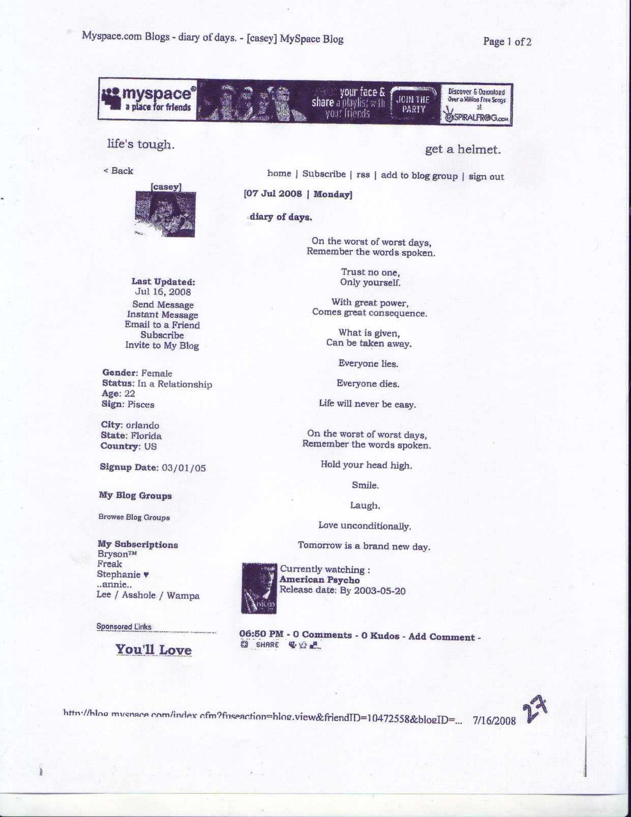 Casey Anthony Official Myspace: Diary of Days | Patrishka's Open Mouth