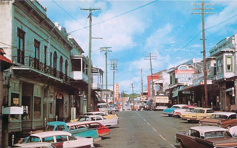 Collection of old main street California postcard views.