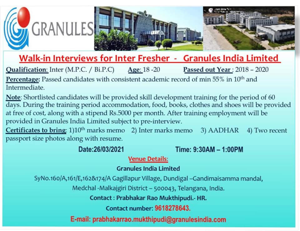 Granules India Limited - Walk-In Interview for FRESHERS on 26th Mar ...