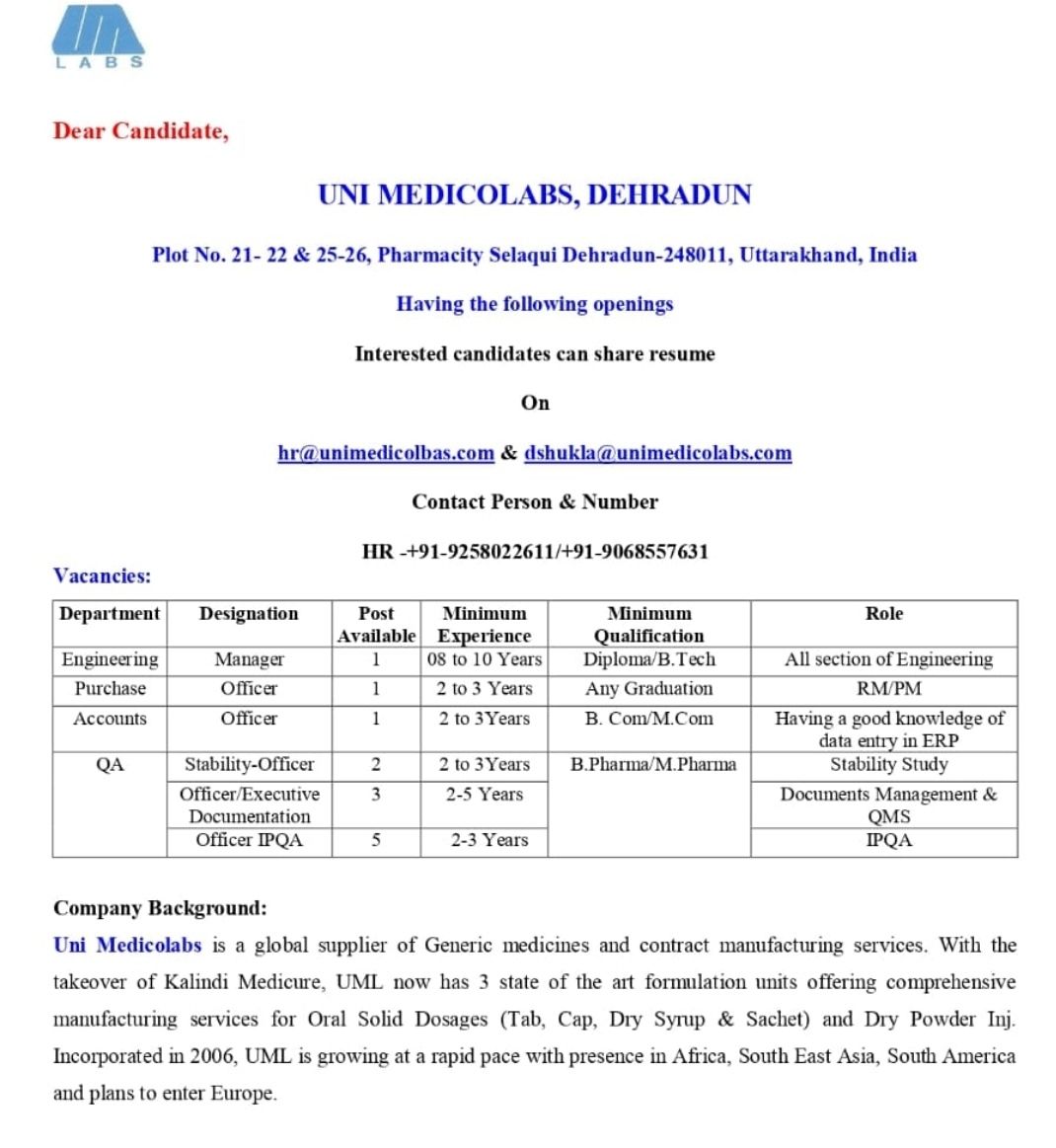 UNI MEDICOLABS - Urgent Openings for QA / Purchase / Accounts ...