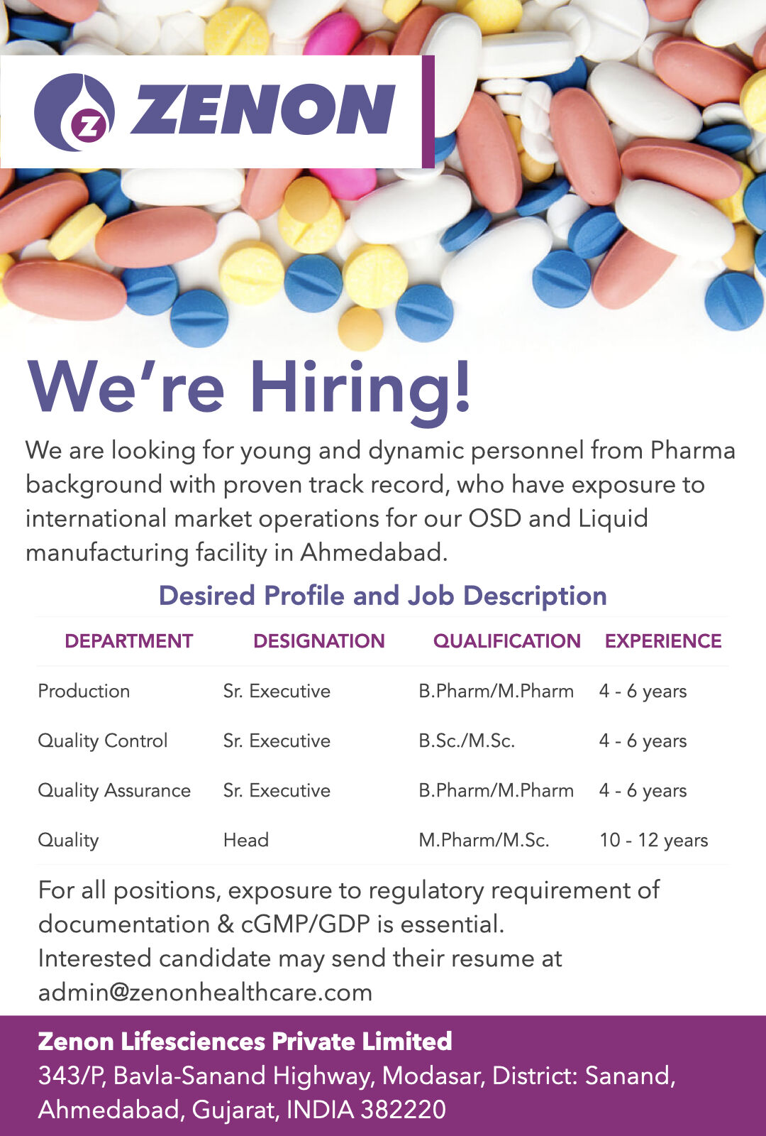 Zenon Healthcare Ltd – Urgent Openings for Production / QA / QC ...