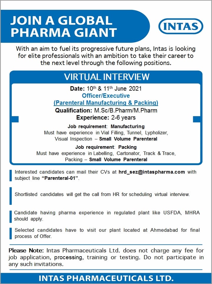 Intas Pharmaceuticals - Virtual Interview for Multiple Openings on 10th ...