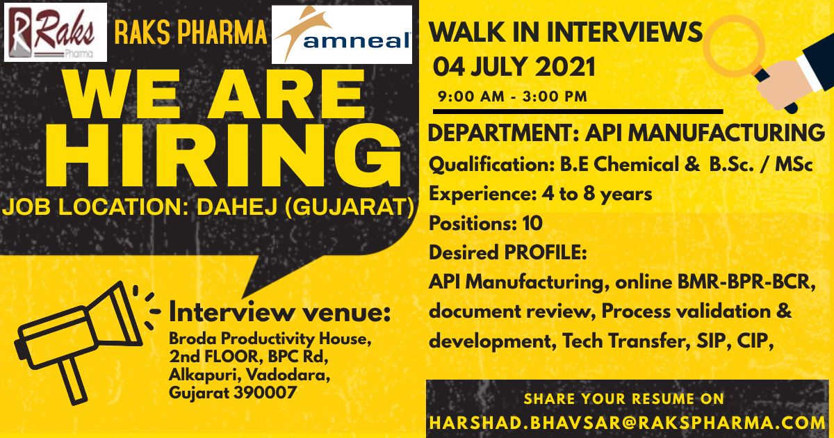 RAKS PHARMA - Walk-In Interviews on 4th July' 2021 - Pharmawisdom.co.in
