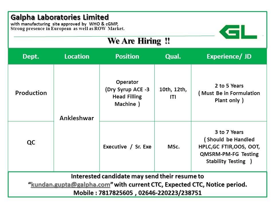 Galpha Laboratories Ltd - Urgent Requirement for Production / QC ...