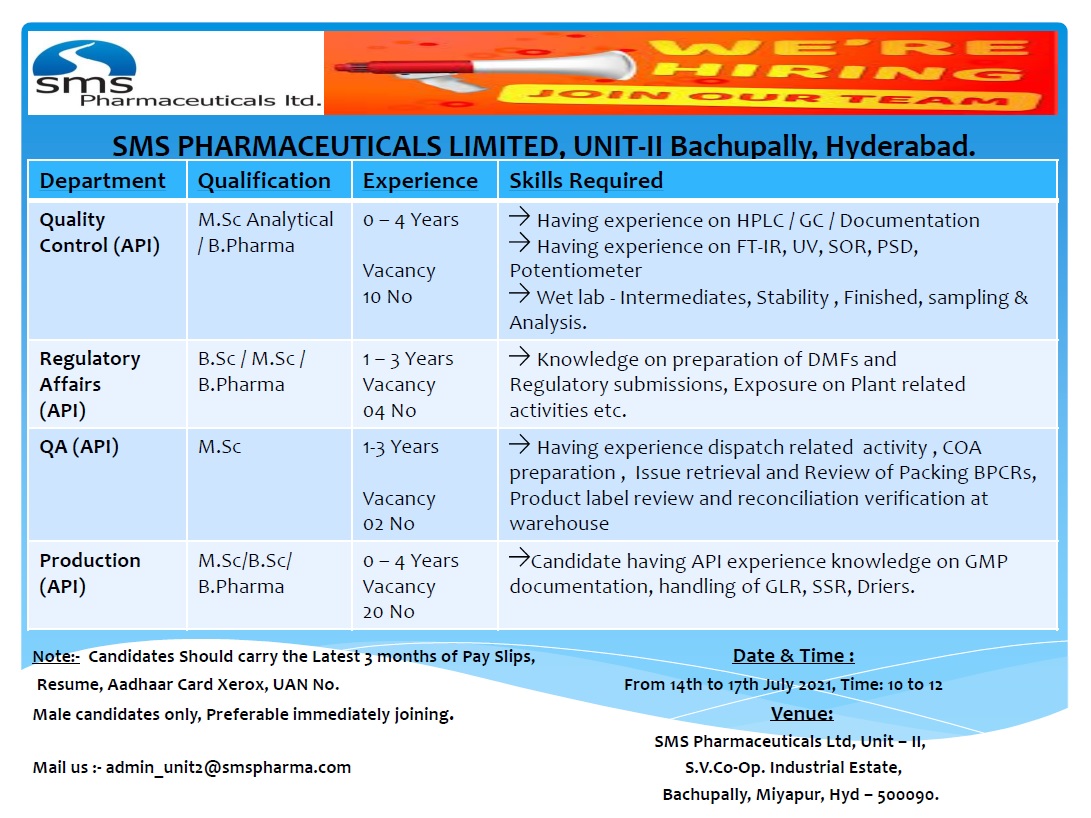 SMS Pharmaceuticals Ltd - Walk-Ins for Freshers & Experienced in ...