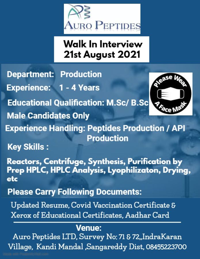 Auro Peptides Ltd (Aurobindo Pharma) - Walk-In Interviews on 21st ...