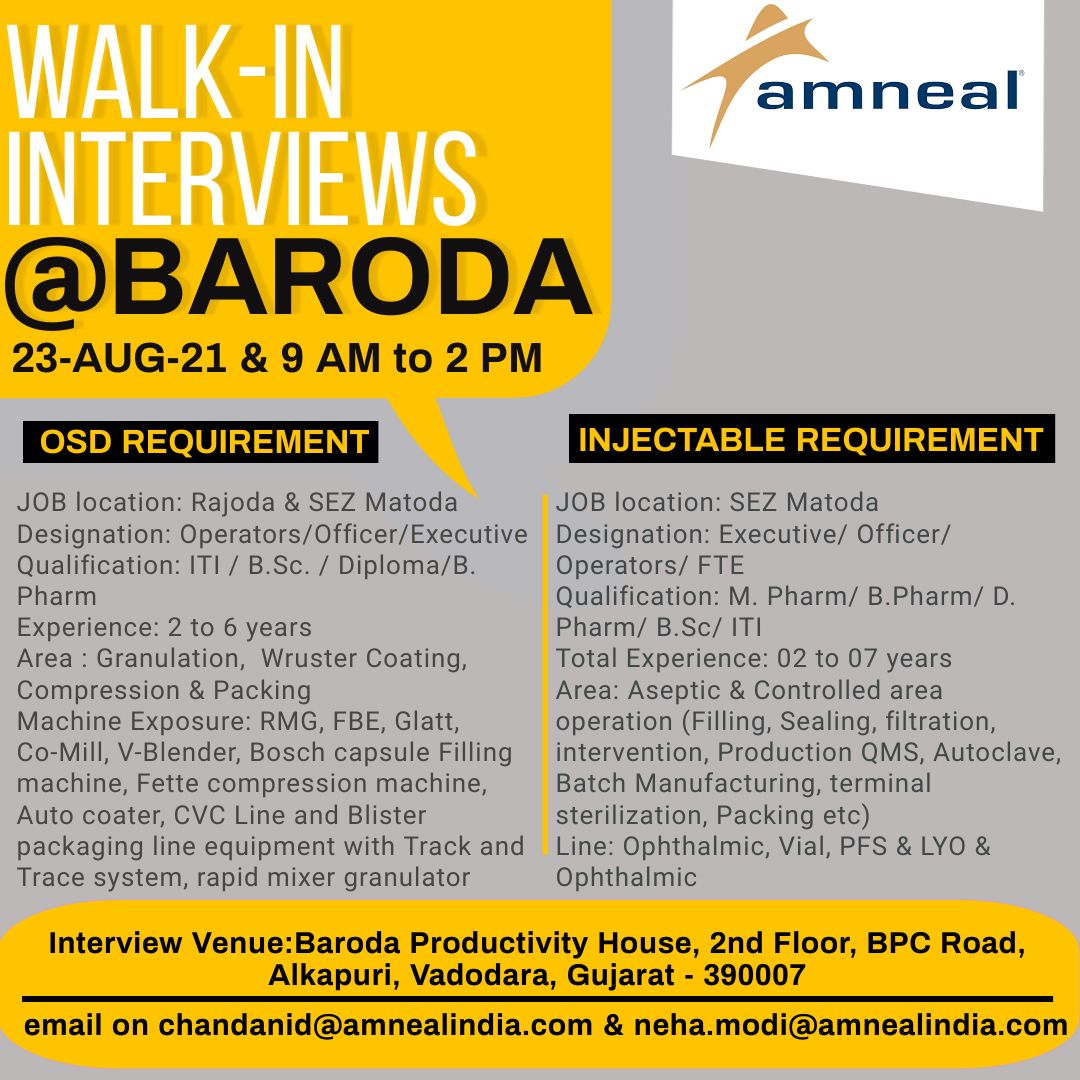 Amneal Pharmaceuticals - Walk-In Interviews for B.Sc, B.Pharm, D.Pharm ...